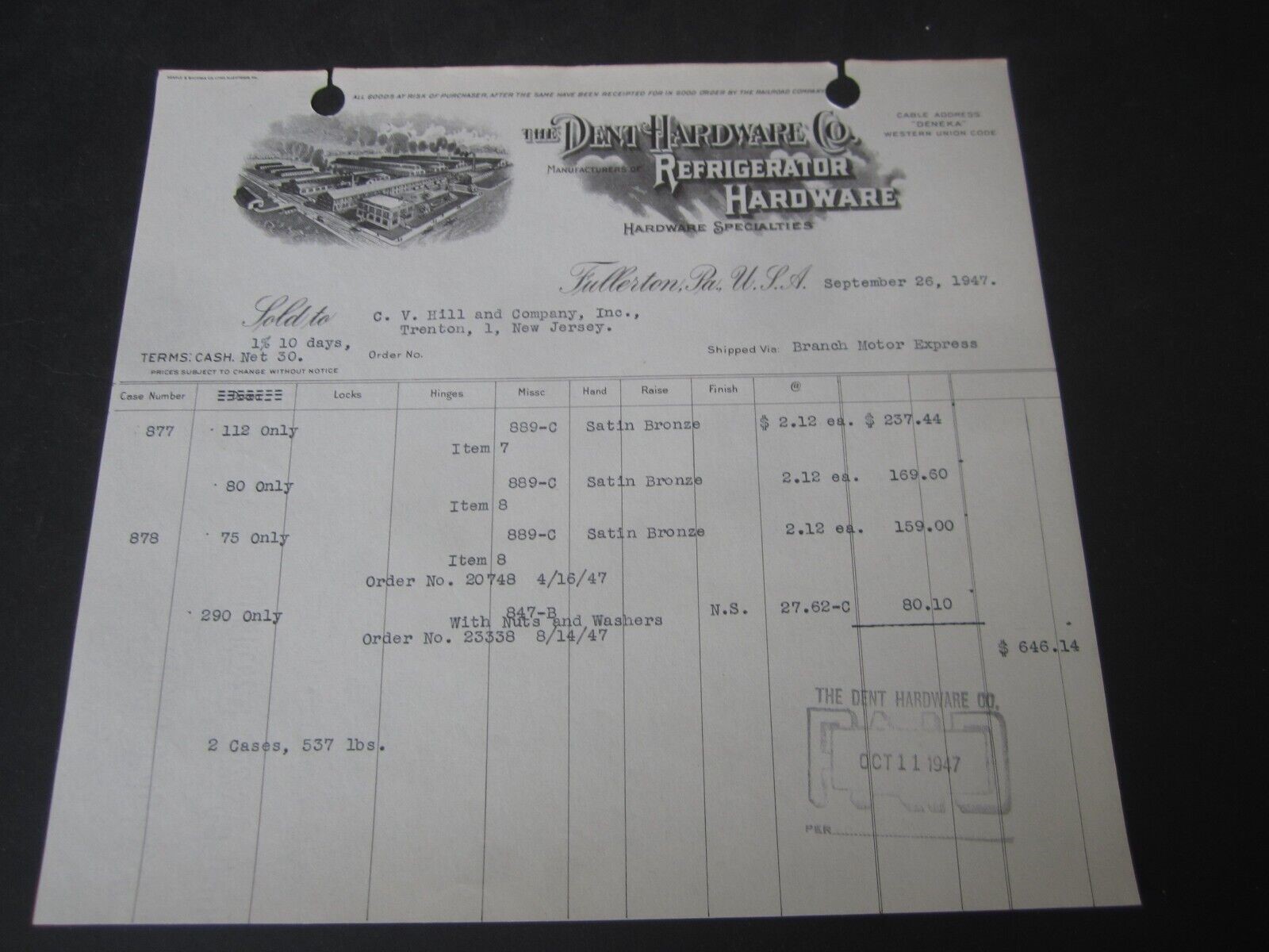 5 Old 1940's - DENT HARDWARE Co Billhead Documents - Fullerton PA ...