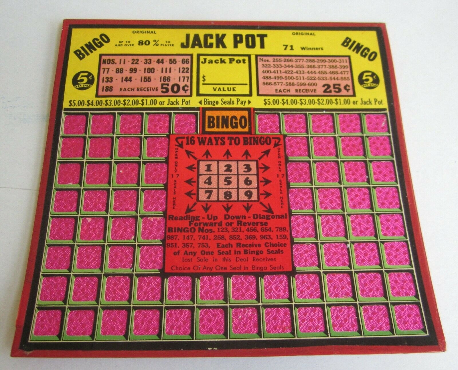 Old Vintage 1940's - JACKPOT BINGO - Game Card - Trade Stimulator
