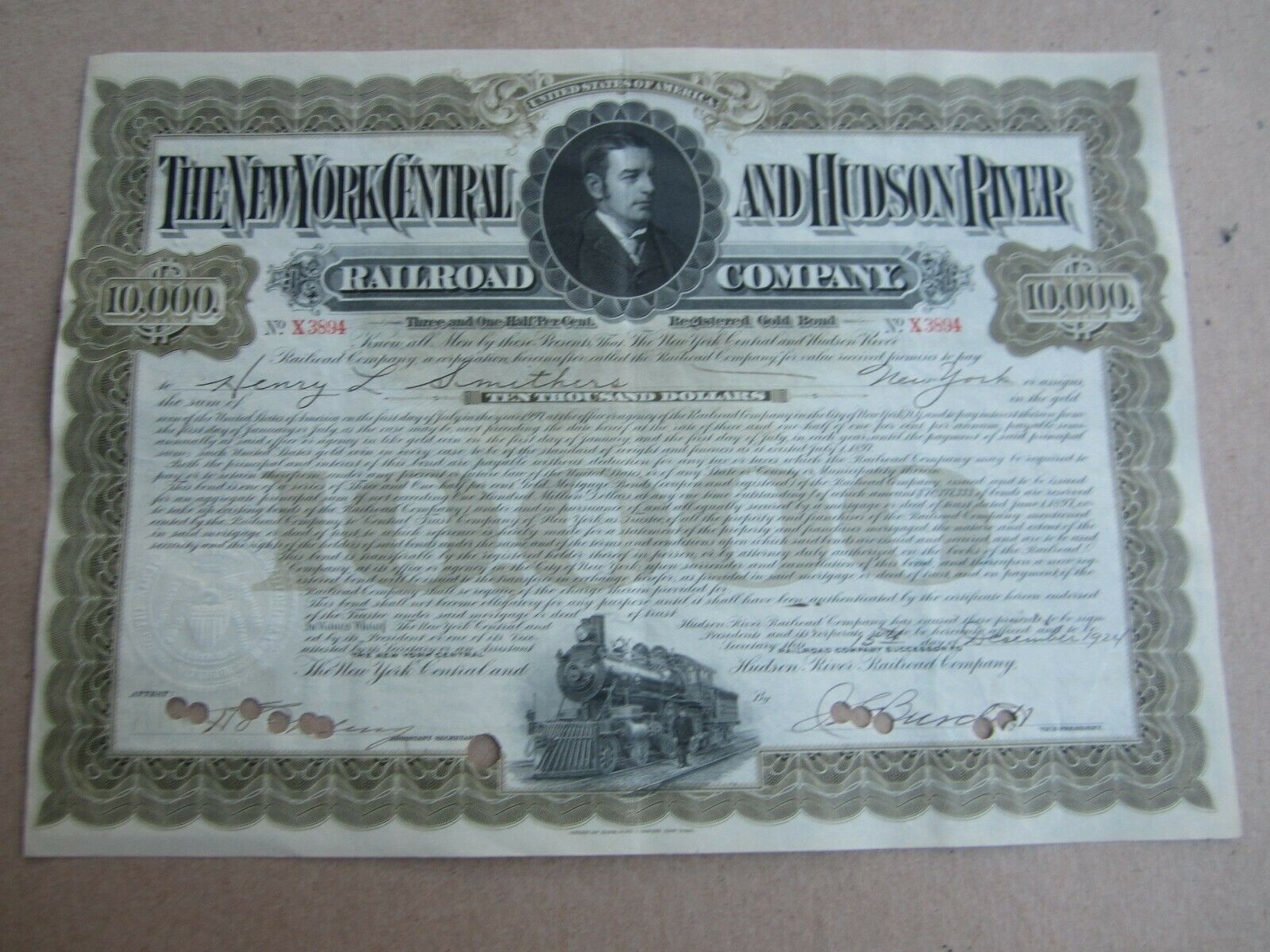 Old 1924 NEW YORK CENTRAL & HUDSON RIVER Railroad Bond CERTIFICATE ...