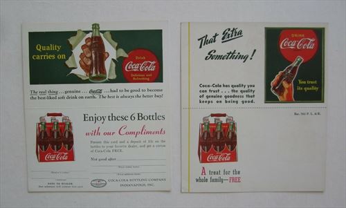 Lot of 2 Old Vintage - COCA COLA Soda - Enjoy 6 Bottles - COMPLIMENTS CARDS